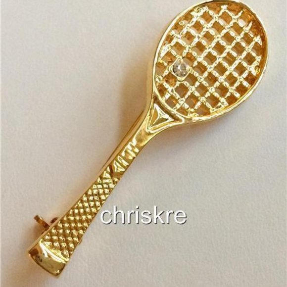 Vintage | Jewelry | Vintage Tennis Racquet Pin Brooch Crystal Gold ...